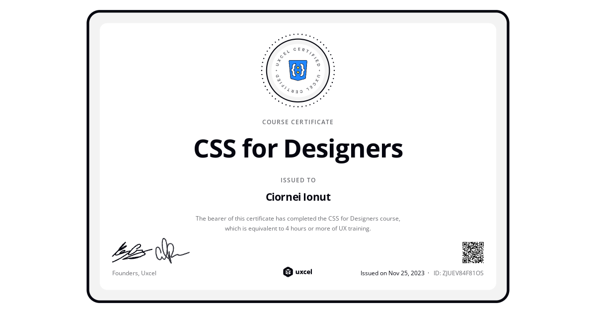 Certificate of completion for CSS Foundations | Uxcel
